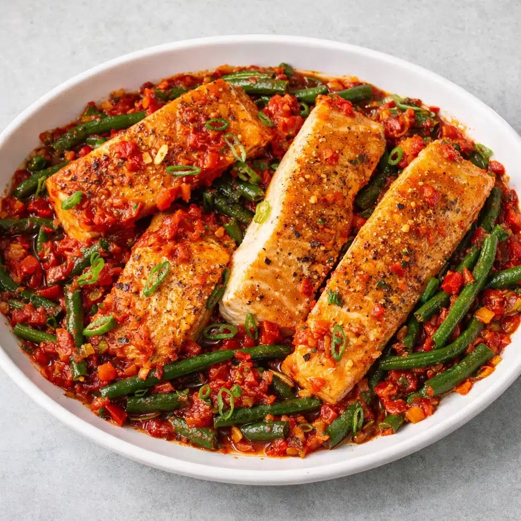 Easy Salmon and Green Beans Recipe with Roasted Red Pepper Sauce