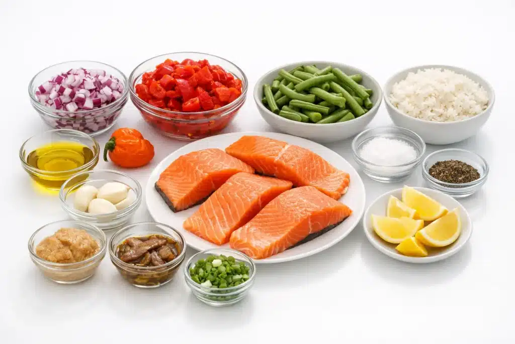 Easy Salmon and Green Beans Recipe with Roasted Red Pepper Sauce